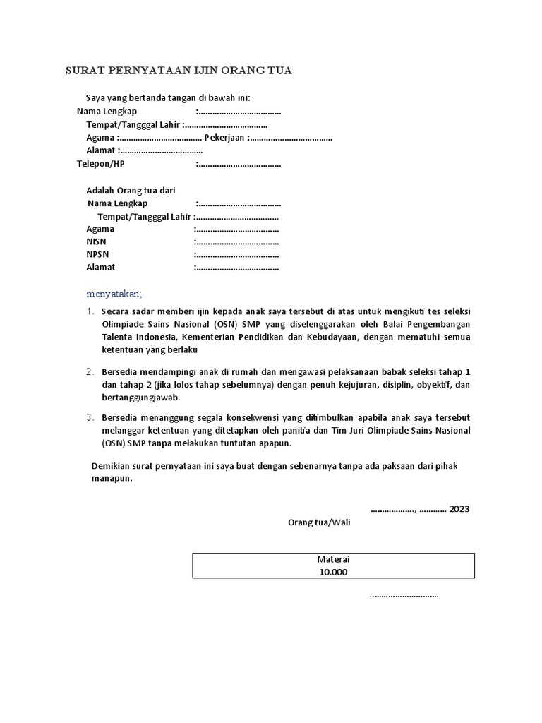 Surat Pernyataan ORTU - OSN | PDF