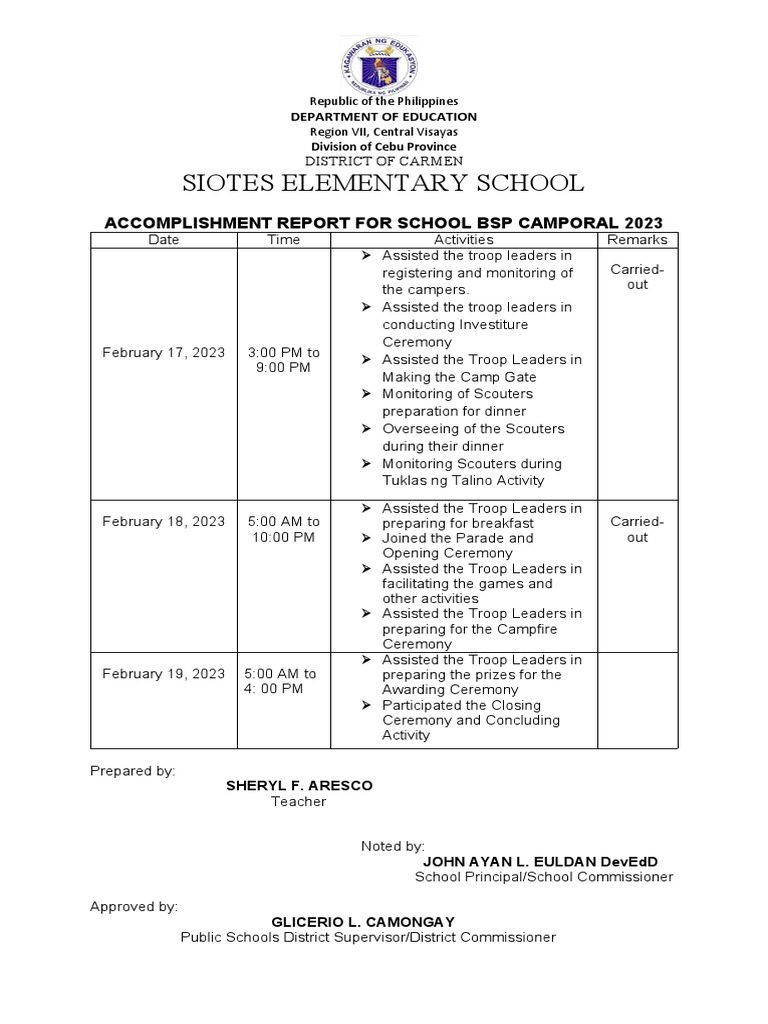 Accomplishment-School-Camping BSP | PDF | Scouting | Philippines