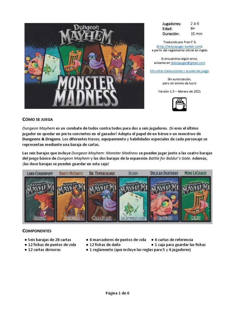 Reglas de Dungeon Mayhem: Monster Madness | PDF