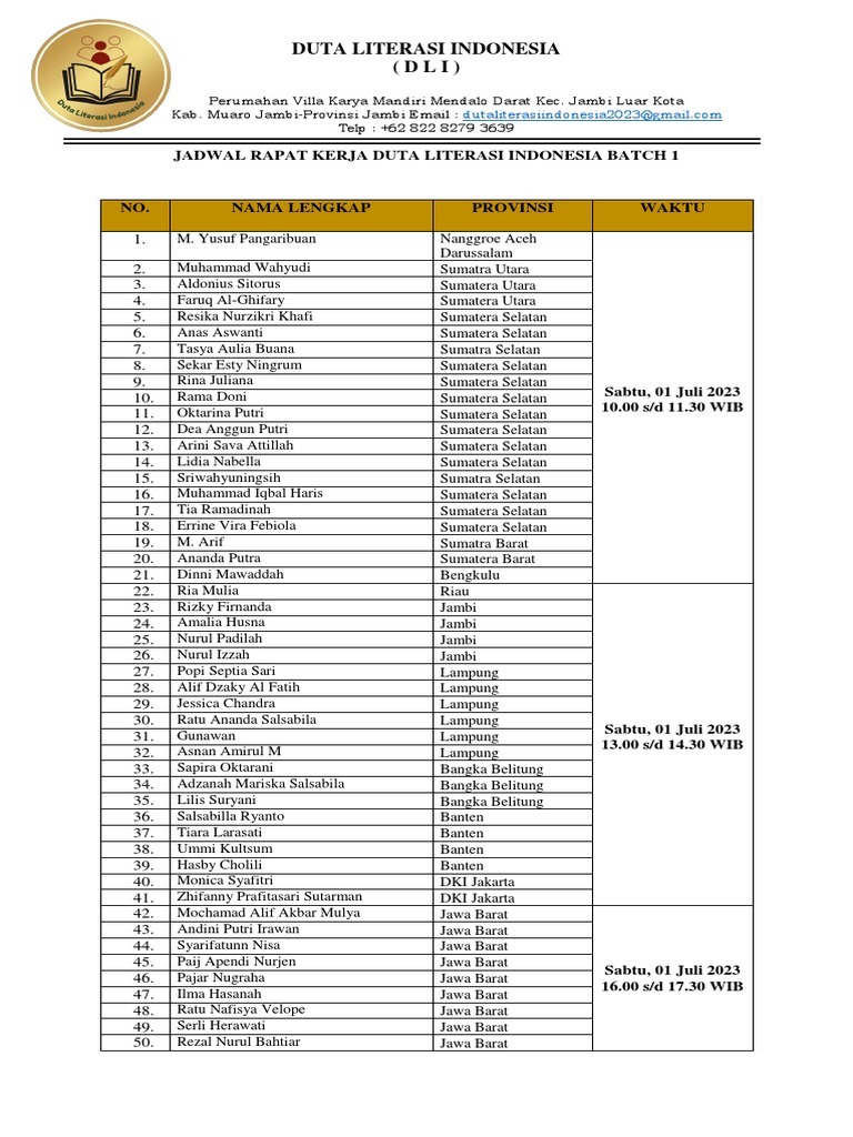 JADWAL RAPAT KERJA DUTA LITERASI INDONESIA BATCH L | PDF