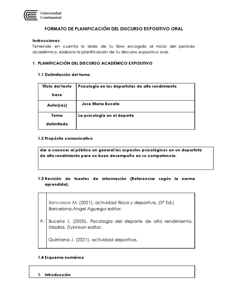 Formato de Planificación Del Discurso Expositivo Oral | PDF | Placer ...