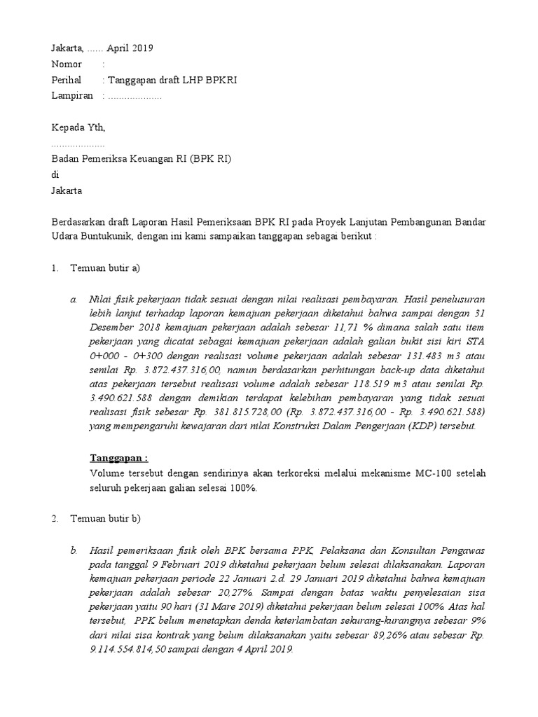 Surat Tanggapan Draft LHP BPK - Tambahan Penjelasan Temuan D | PDF