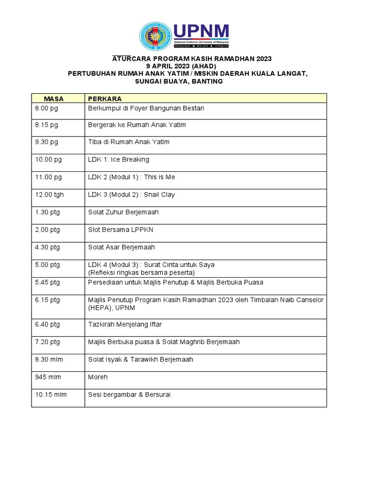 Tentatif Program Kasih Ramadhan 2023 | PDF