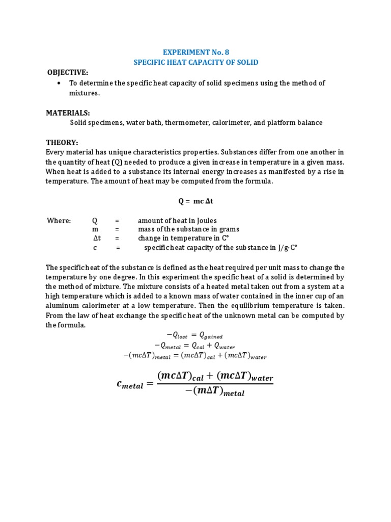 Objective:: Experiment No. 8 Specific Heat Capacity of Solid | PDF