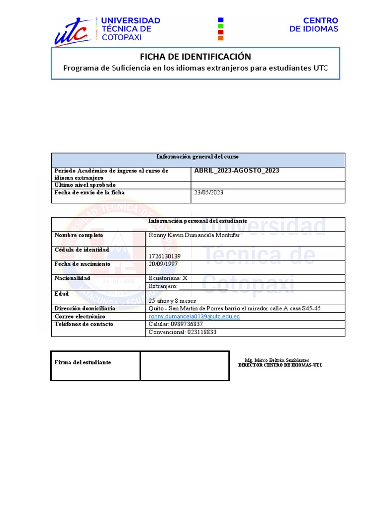 Hoja de Identificacion - Utc | PDF