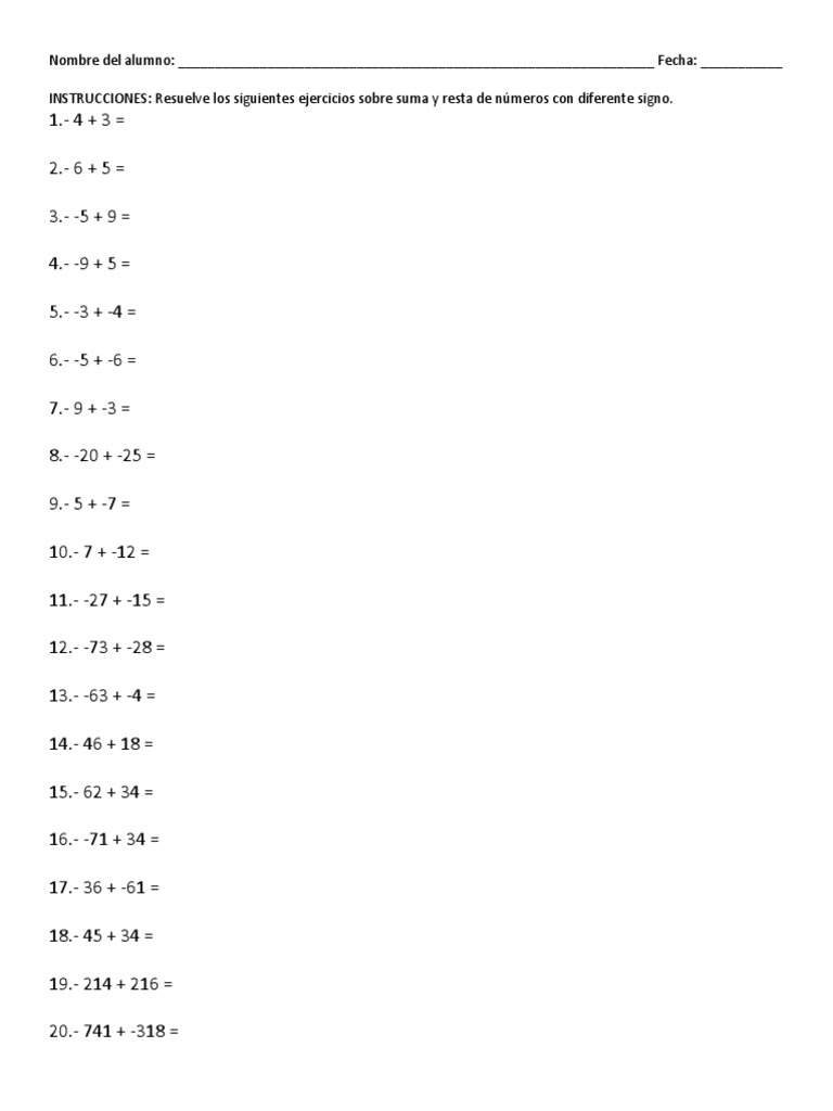 Suma y resta de numeros con diferente signo | PDF