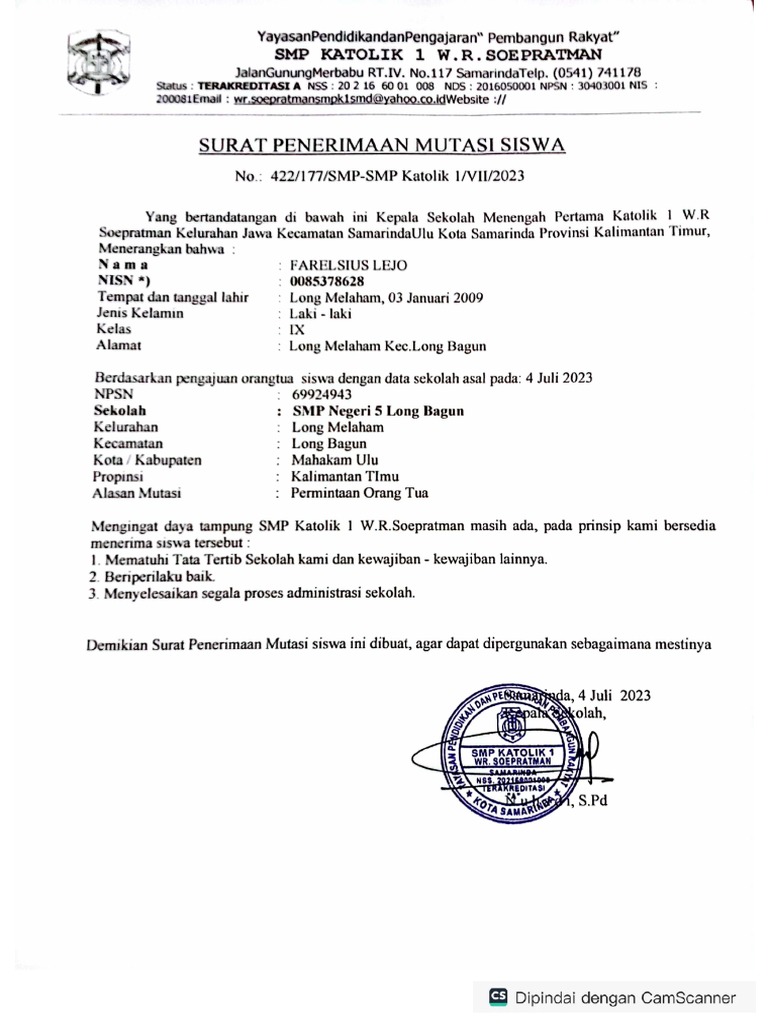 Surat Penerimaan Mutasi Siswa | PDF