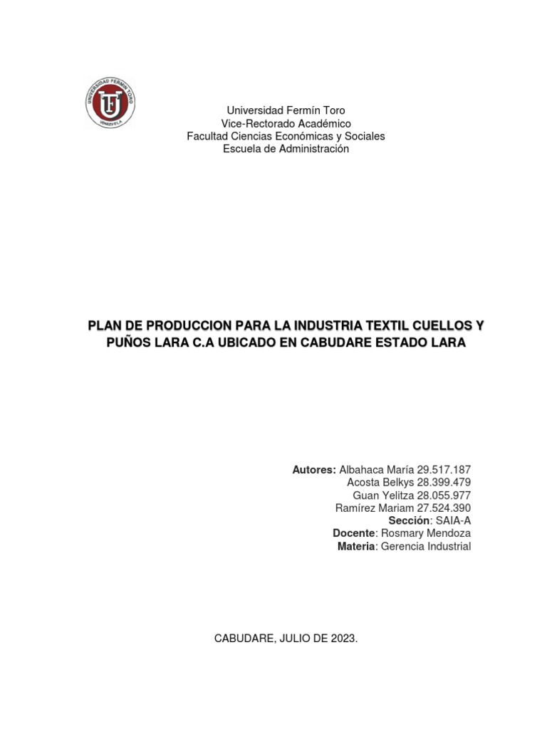Plan de Produccion Industria Textil Grupo 2 | PDF | Calidad (comercial ... Plan de Produccion Industria Textil Grupo 2 | PDF | Calidad (comercial ...