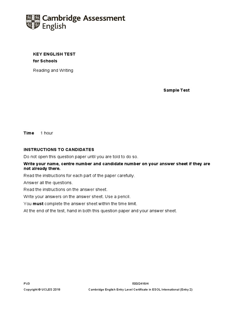 1【Reading and Writing】A2 Key for Schools 2020 sample | PDF