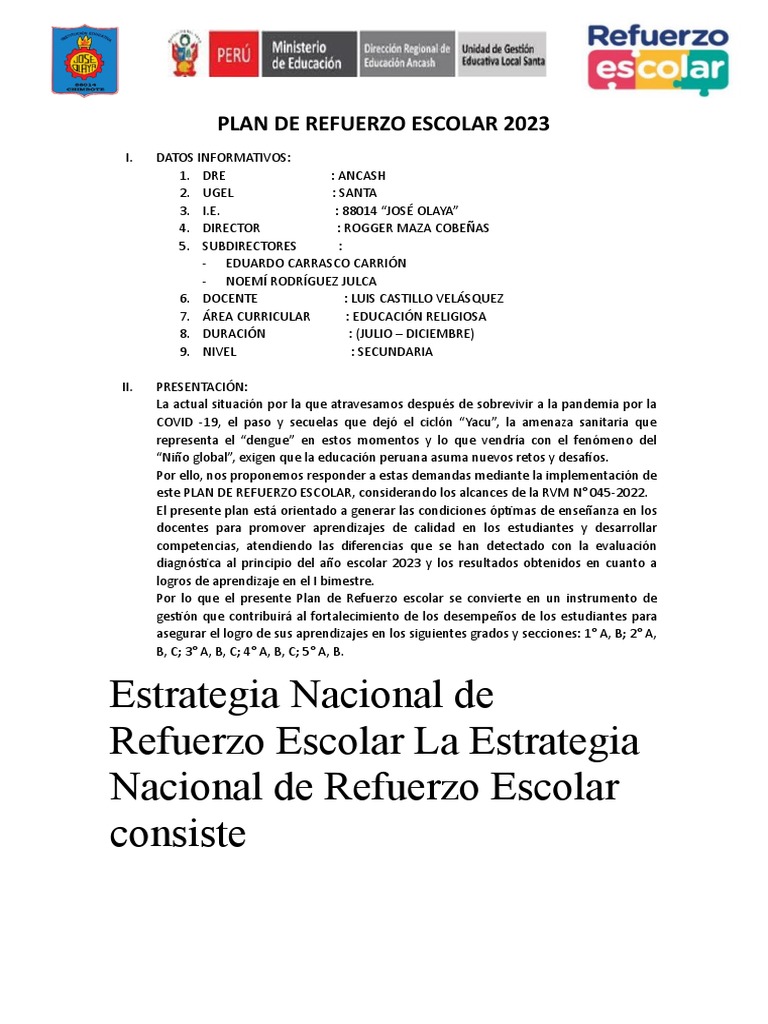 Plan de Refuerzo Escolar 2023 | PDF | Evaluación | Aprendizaje