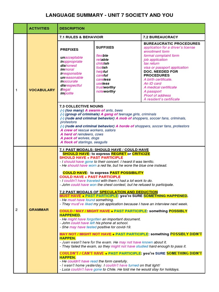 Language Summary Unit 7 Society and You | PDF