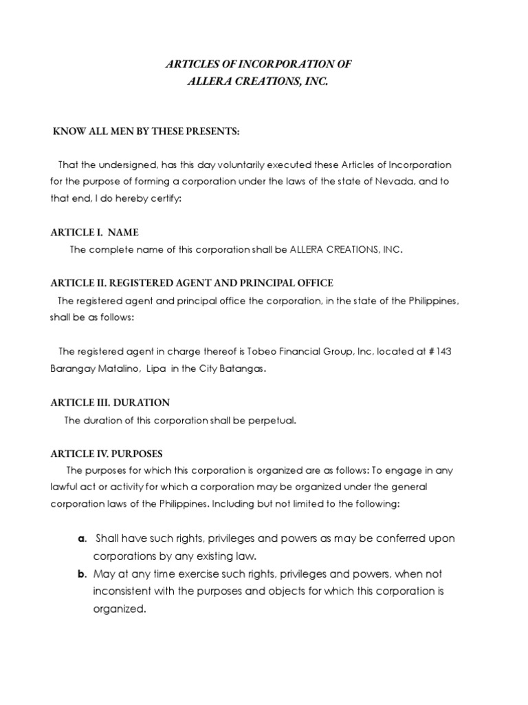 Articles of Incorporation for Allera Inc. | PDF | Stocks | Corporations