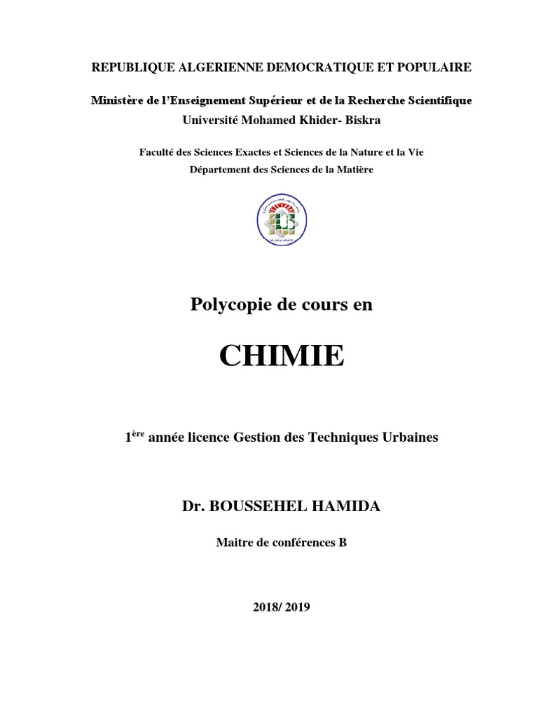 Polycopie BOUSSEHEL Hamida | PDF | Réaction d'oxydoréduction | Atomes
