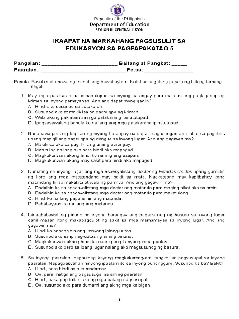 IKAAPAT NA MARKAHANG PAGSUSULIT-EsP-5-SY-2022-2023 | PDF
