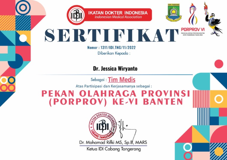 Sertifikat PORPROV - Dr. Jessica Wiryanto-1 | PDF