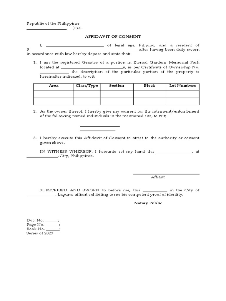Affidavit of Consent Memorial Lot | PDF