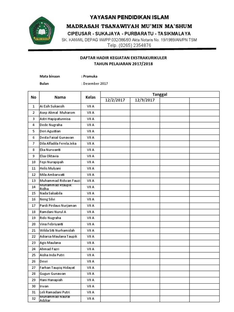 Daftar Hadir Siswa Ekstrakurikuler | PDF