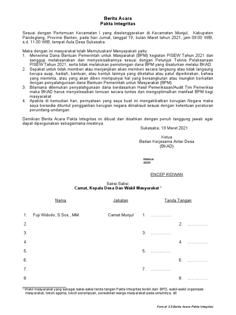 Format 3.5 Berita Acara Pakta Integritas | PDF Format 3.5 Berita Acara Pakta Integritas | PDF