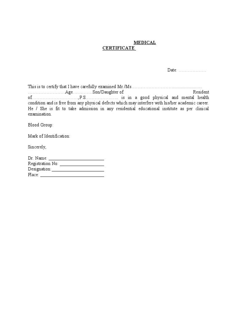 Medical Fitness Certificate Specimen | PDF