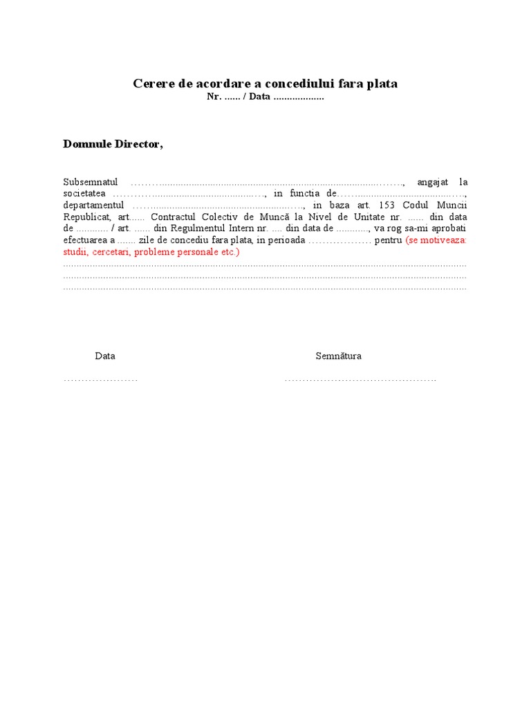 Cerere Aprobare Concediu Fara Plata | PDF