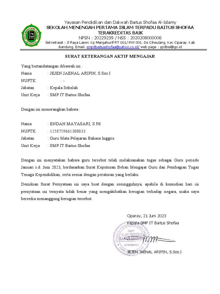 SURAT AKTIF MENGAJAR BU MAYA | PDF