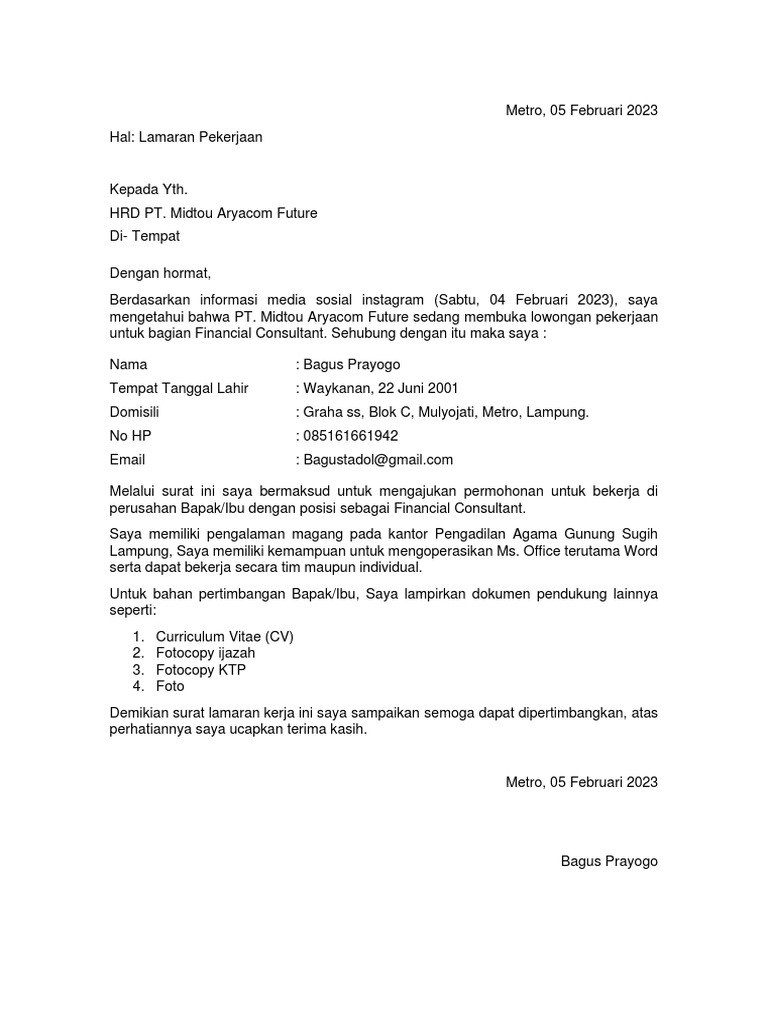 Surat Lamaran Midtou | PDF | Karier & Perkembangan | Bisnis