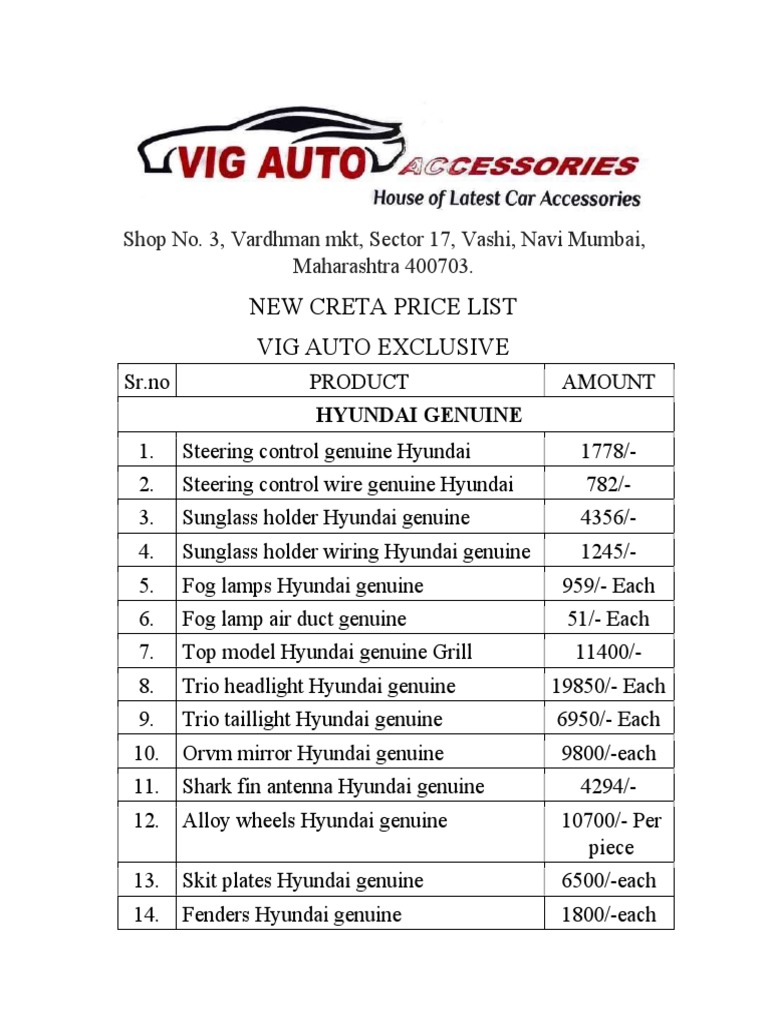 Creta2022 Price List VIG AUTO | PDF | Wheel | Vehicles