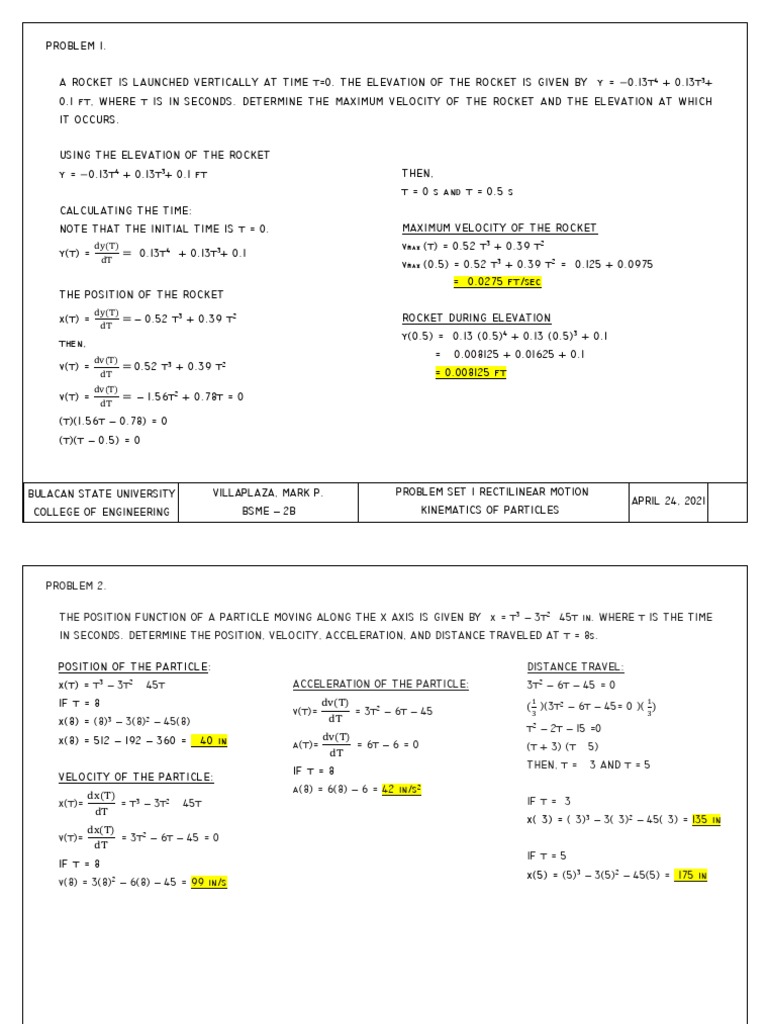 Rectilinear Motion Problem Set 1 Pdf Kinematics Physics