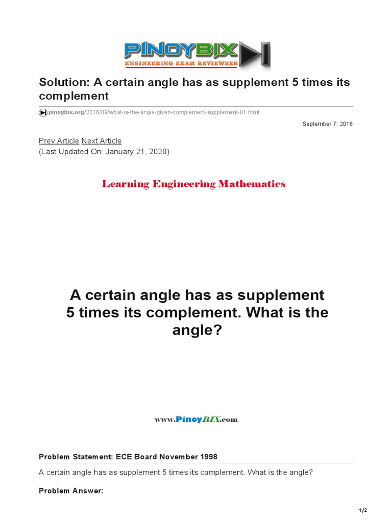 Solution A Certain Angle Has As Supplement 5 Times Its Complement | PDF