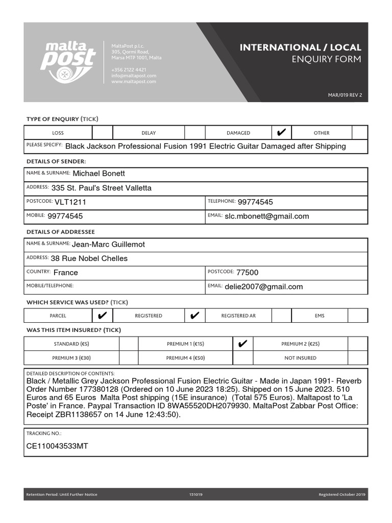 MaltaPost International Enquiry Form | PDF | Mail | Receipt