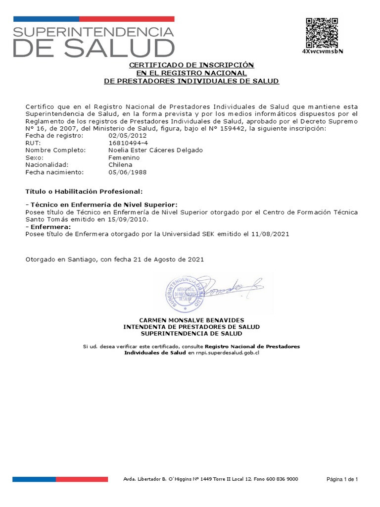 Certificado de Inscripción en El Registro Nacional de Prestadores Individuales de Salud | PDF