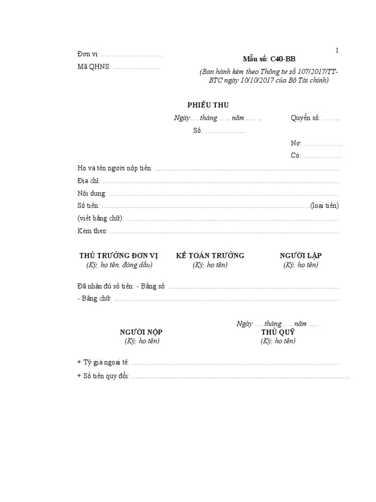 Phieu Thu Theo Thong Tu 107 | PDF