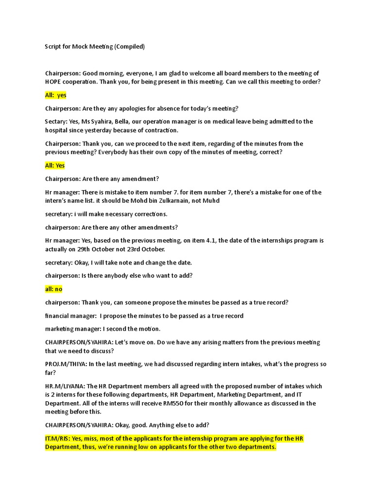 Script For Mock Meeting Pdf