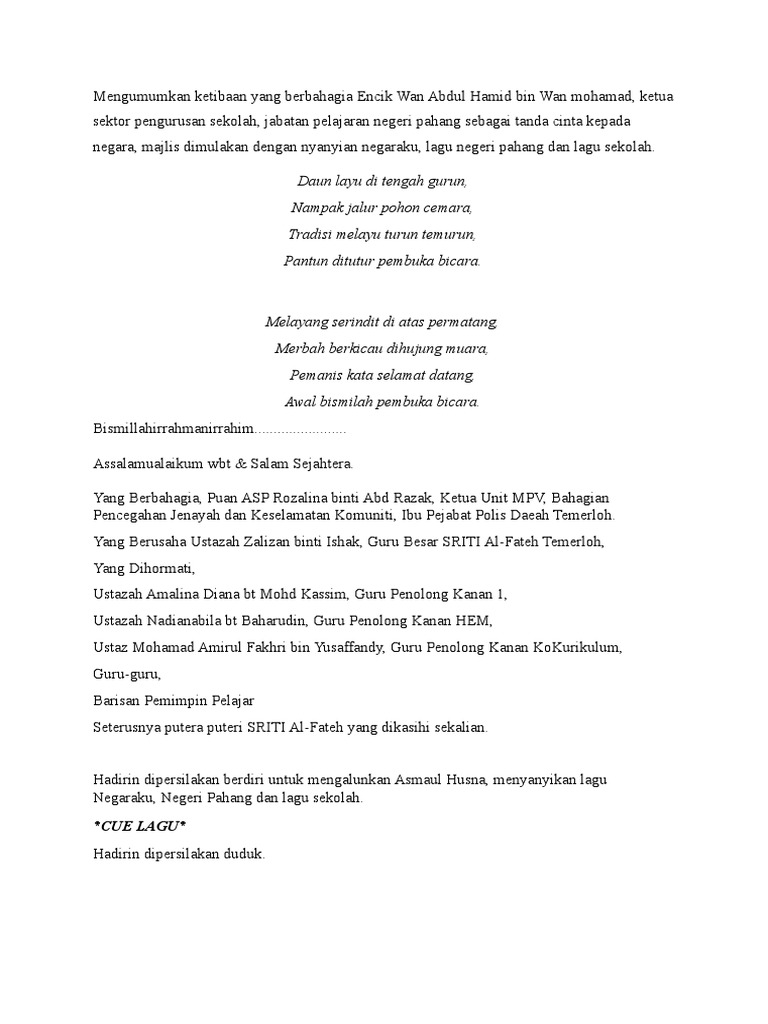 Senarai Teks Pengacara Majlis Watikah Pelantikan Pengawas | PDF