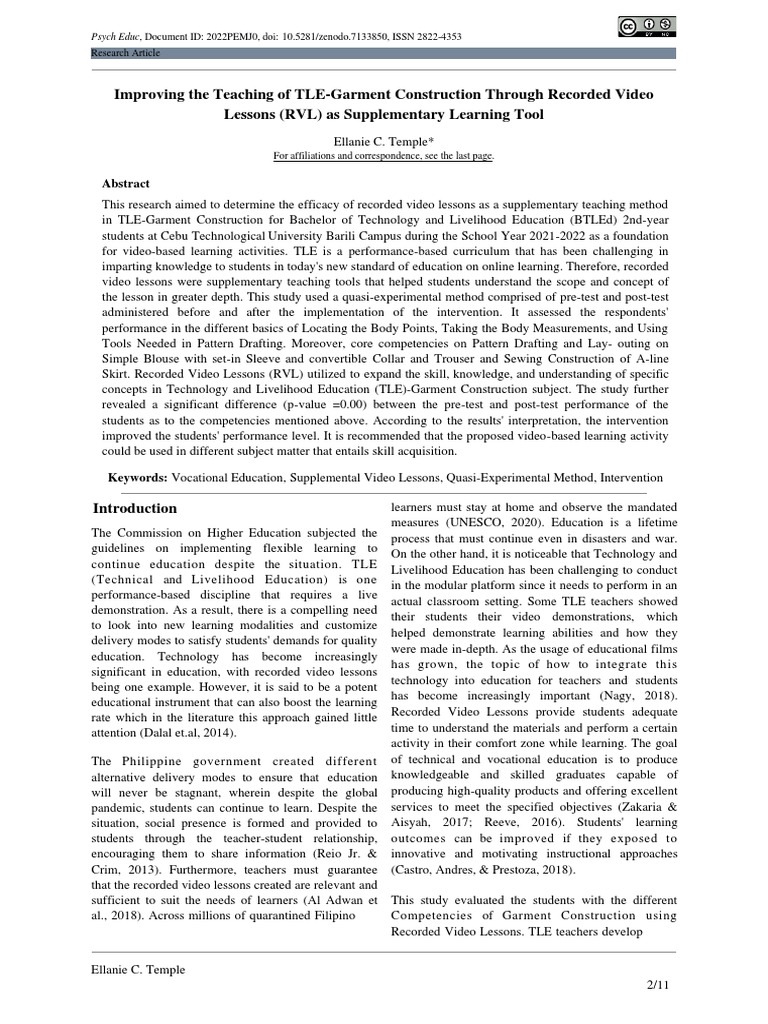 Improving The Teaching of TLE-Garment Construction Through Recorded Video Lessons (RVL) As ...