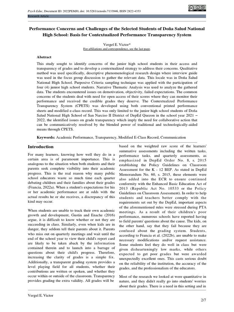 Performance Concerns and Challenges of The Selected Students of Doña ...