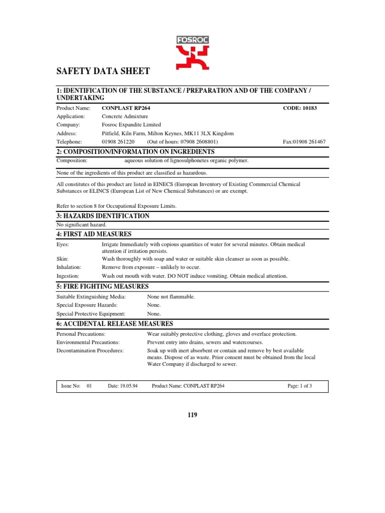 Conplast rp264 Msds | PDF | Chemistry | Occupational Safety And Health