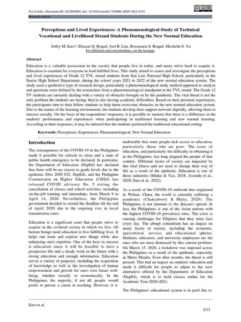 Perceptions and Lived Experiences: A Phenomenological Study of Technical Vocational and ...