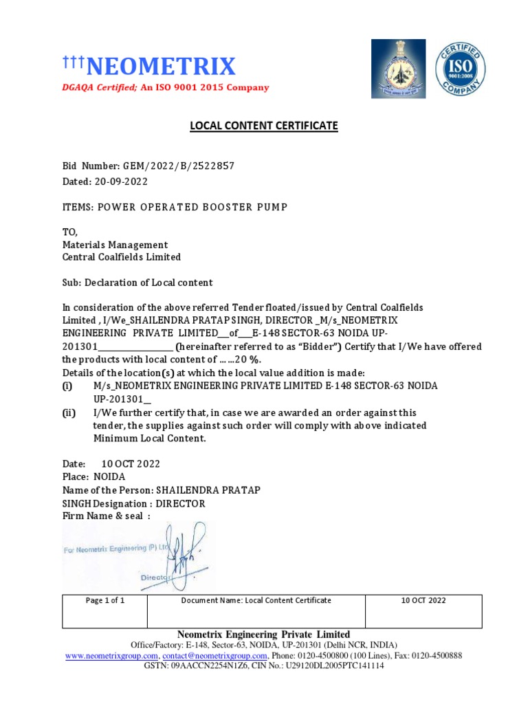 Neometrix: Local Content Certificate | PDF