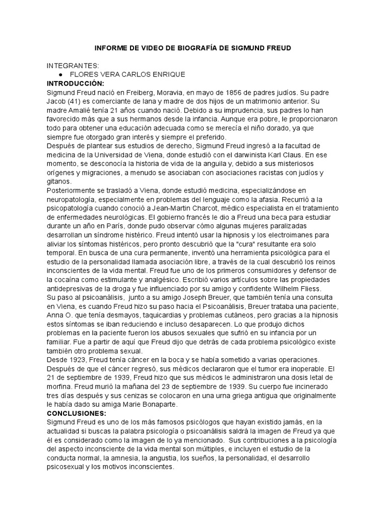 Informe de Video de Biografía de Sigmund Freud | PDF | Sigmund Freud | Psicoanálisis