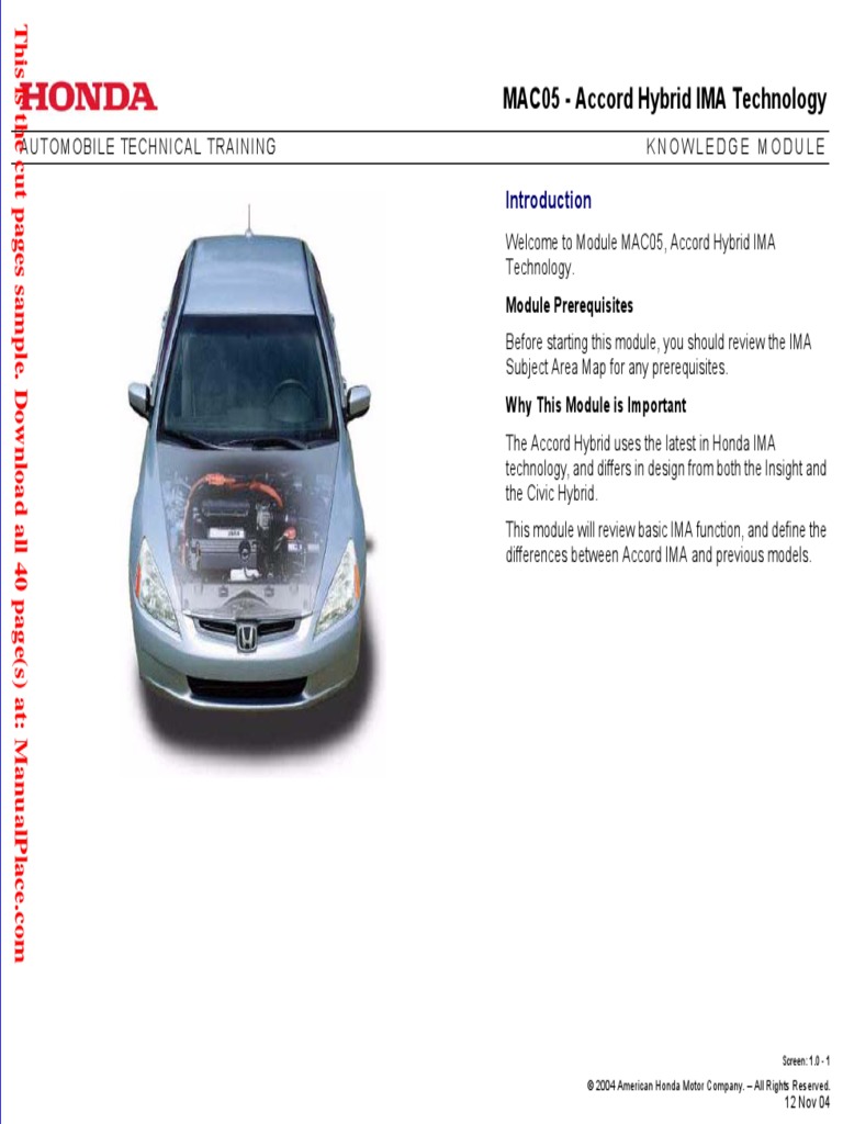 Honda Accord Hybrid IMA Training Module | PDF | Hybrid Vehicle | Vehicles