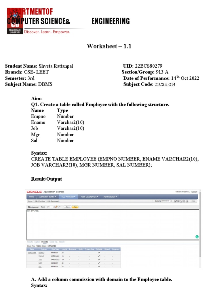 Worksheet 1.1 DBMS by SHVETA RATTANPAL | PDF | Data | Computer Science
