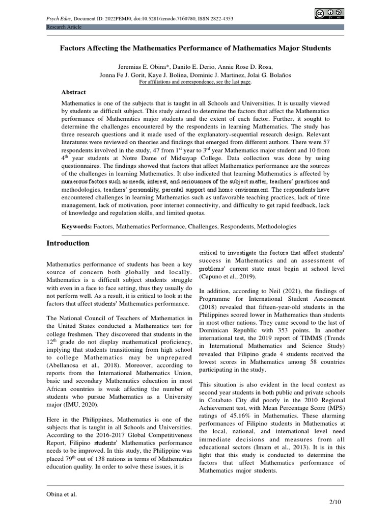 Factors Affecting The Mathematics Performance of Mathematics Major Students | PDF | Teachers ...