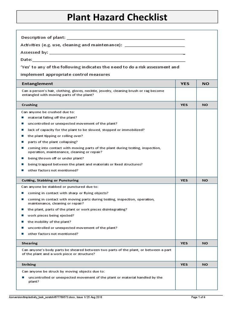 Safety Checklist for Plant Workers | PDF | Hazards | Pressure
