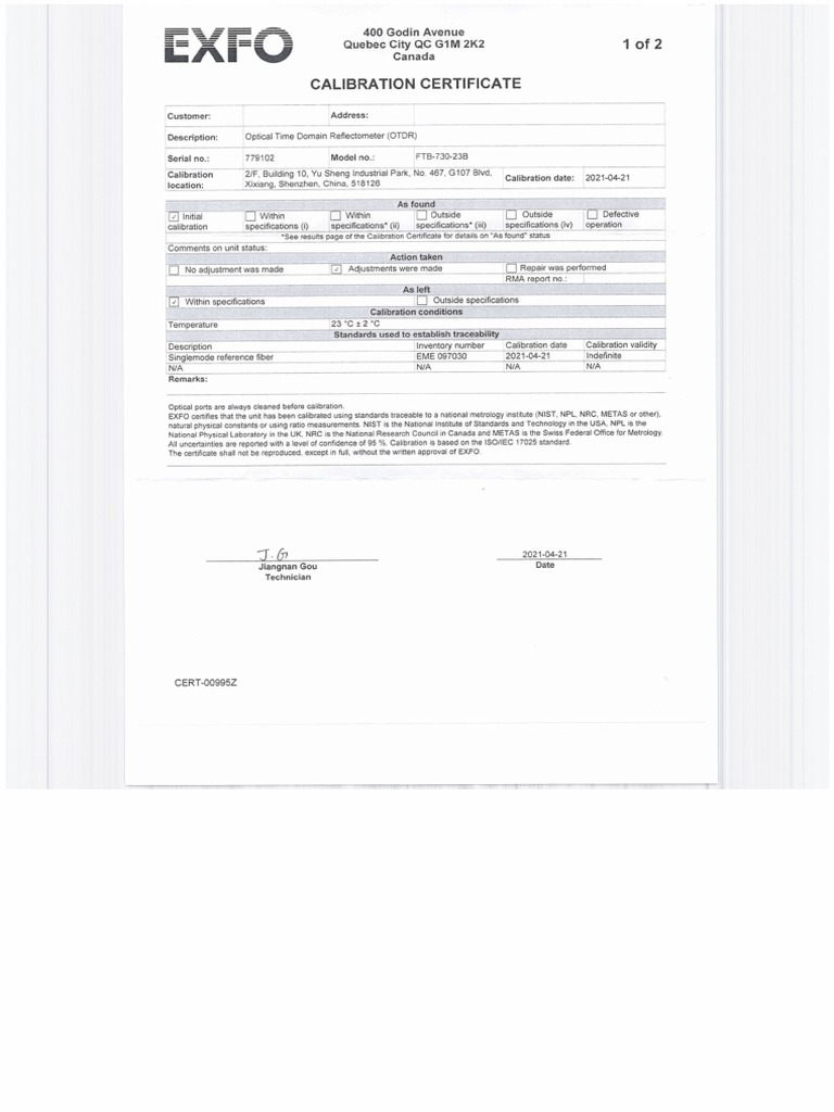 Calibration Certificat OTDR | PDF