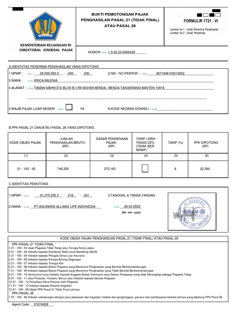 Bukti Pemotongan Pajak Penghasilan Pasal 21 (Tidak Final) Atau Pasal 26 | PDF