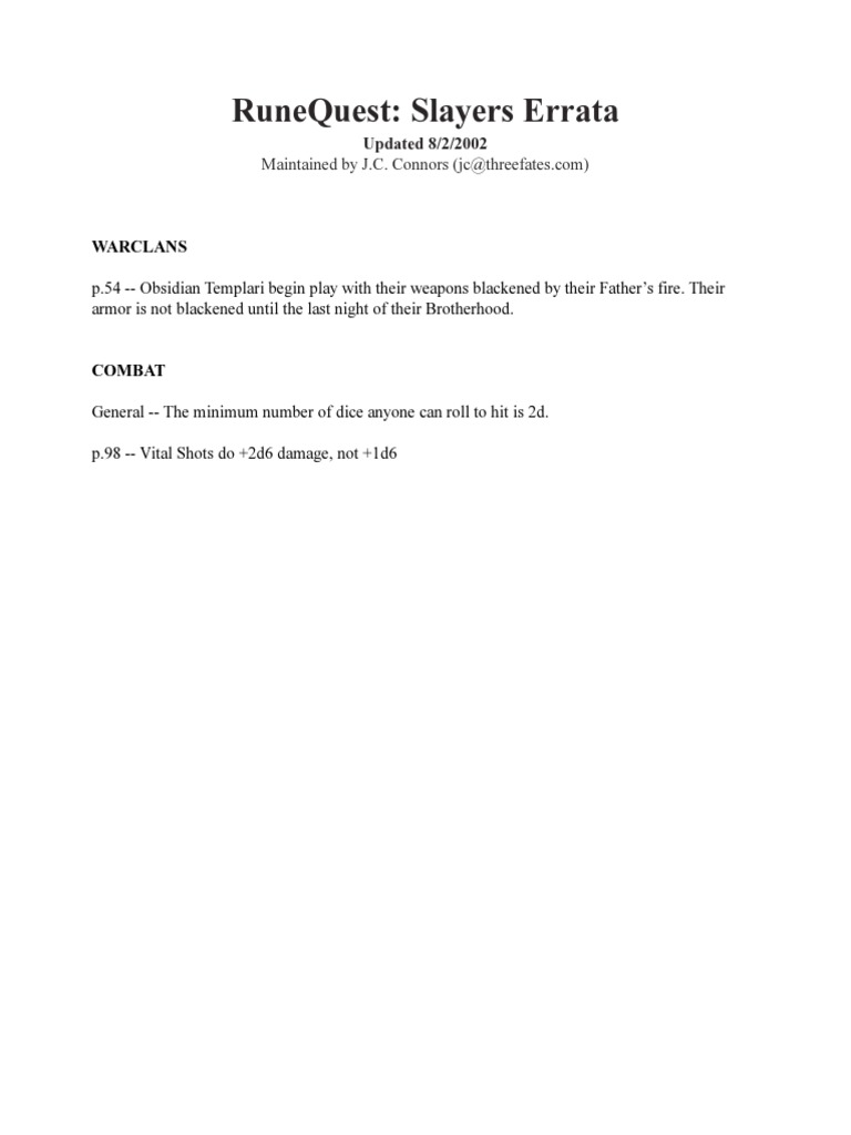 RuneQuest Slayers - Errata | PDF