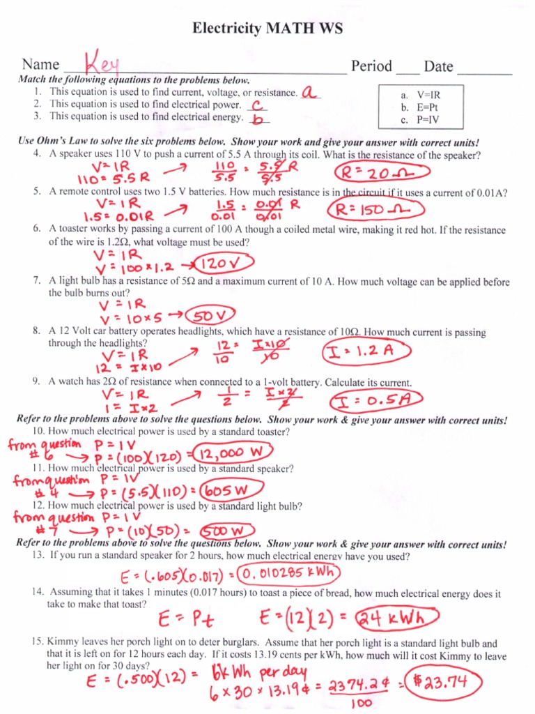 Electricity Math Ws Key | PDF Electricity Math Ws Key | PDF