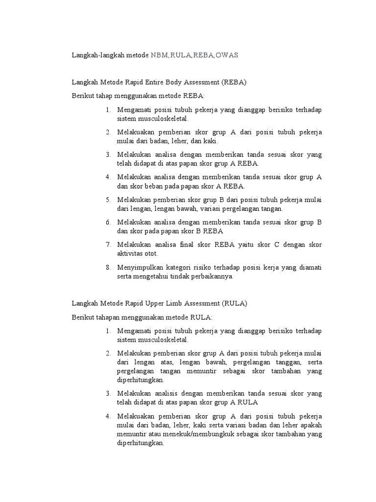 Langkah-Langkah Metode NBM, RULA, OWAS, REBA - Kel 3 | PDF | Kesehatan ...