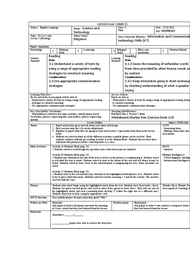 Full Blast Form 4 Unit 1 Lesson 7 | PDF | Communication | Teachers
